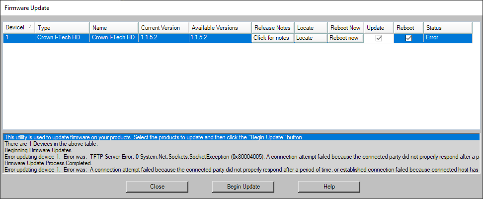 Error when updating Firmware in Networked Crown Amplifiers with Audio Architect